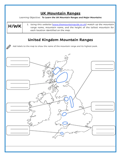 KS2/3/4 UK Mountain Range Labelling Homework | Teaching Resources