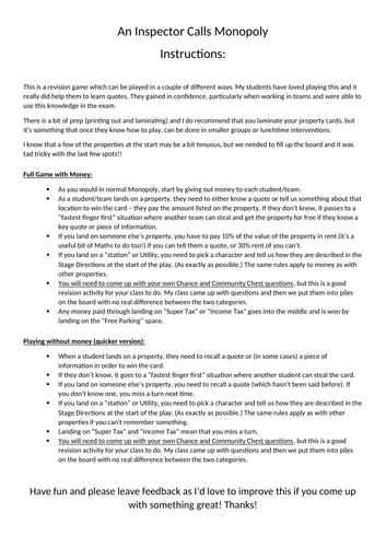 An Inspector Calls Monopoly | Teaching Resources