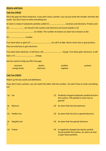 Differentiated atoms and ions worksheet - used during lock down ...