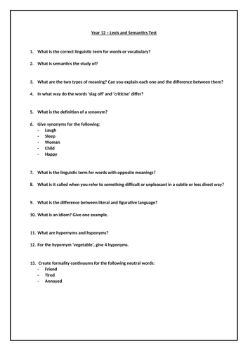 A level English Language Frameworks - Lexis and Semantics Test and ...