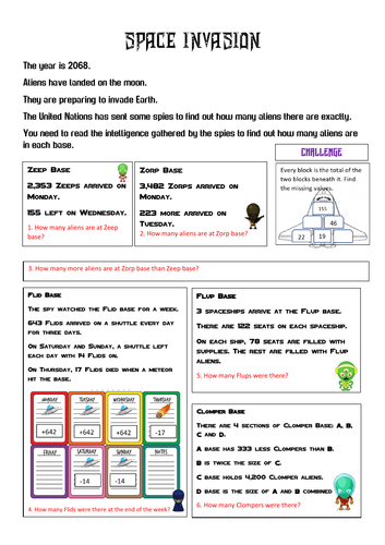 Alien Word problems Addition/subtraction KS2 | Teaching Resources