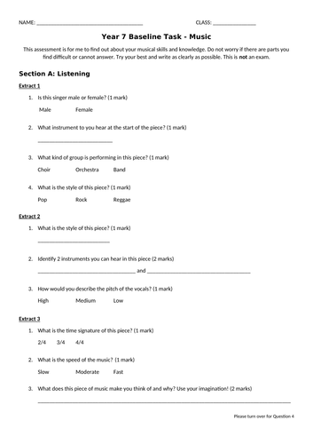 Music Baseline Assessment | Teaching Resources