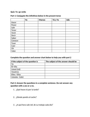 Quiz on yo go verbs | Teaching Resources