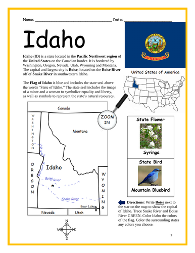 IDAHO - Introductory Geography Worksheet | Teaching Resources