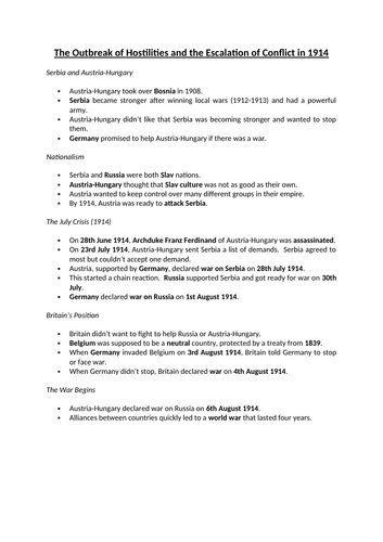 The Outbreak of World War One: Escalation of Conflict | Teaching Resources
