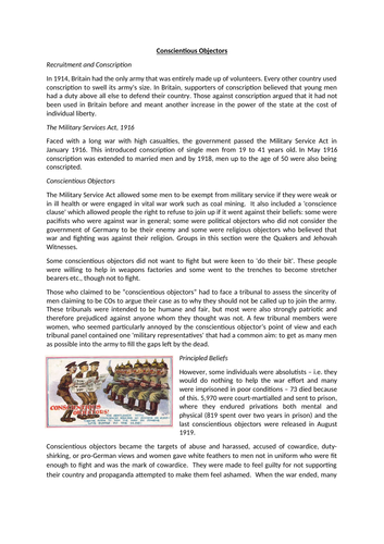 Conscientious Objectors in World War One | Teaching Resources