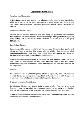 Conscientious Objectors in World War One | Teaching Resources