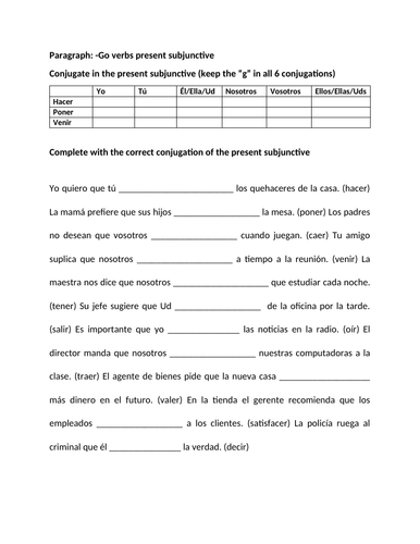 Subjunctive go verbs paragraph | Teaching Resources
