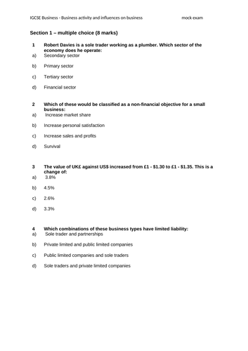IGCSE/GCSE Business module mock exams | Teaching Resources