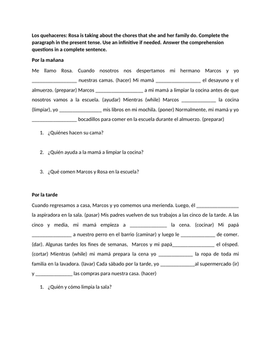 Reading: Los quehaceres with questions | Teaching Resources
