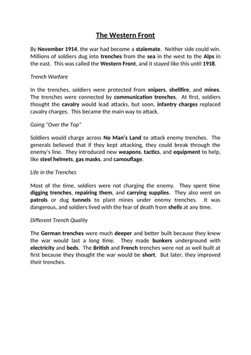 Trench Warfare during World War One | Teaching Resources