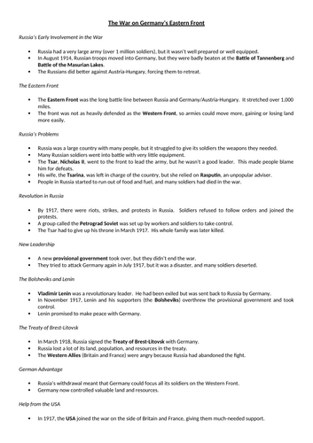 The Eastern Front during World War One | Teaching Resources