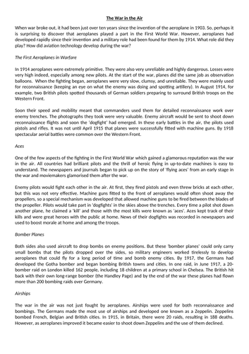 The War in the Air during World War One | Teaching Resources