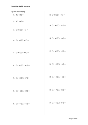 Expanding double brackets worksheet with answers | Teaching Resources