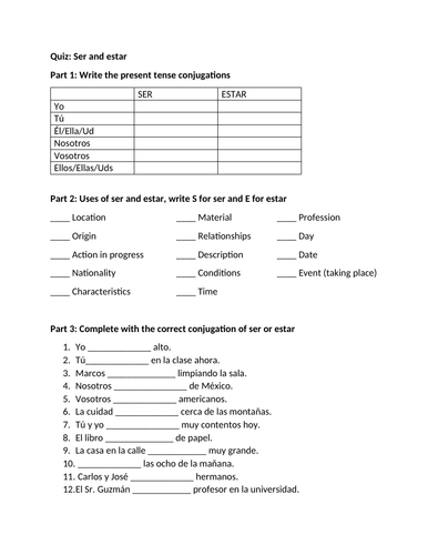 Quiz ser and estar | Teaching Resources