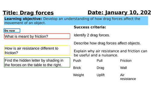 Drag Forces friction and air resistance | Teaching Resources