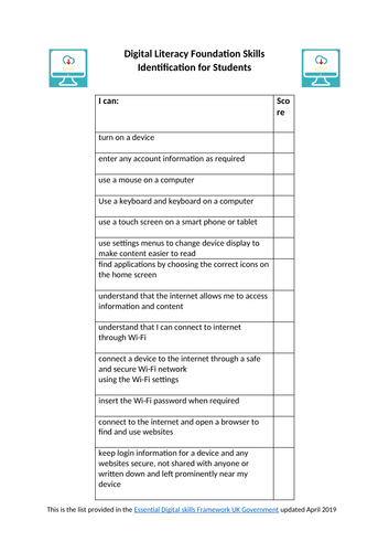 Digital foundation skills student audit | Teaching Resources
