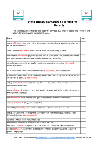Digital Transaction skills audit for students | Teaching Resources