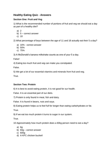 Healthy Eating Quiz PSHE | Teaching Resources
