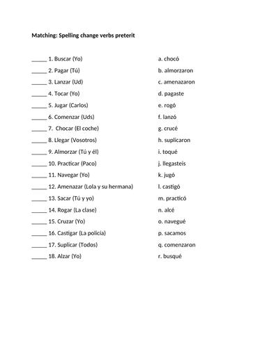 Matching spelling change verbs preterit | Teaching Resources