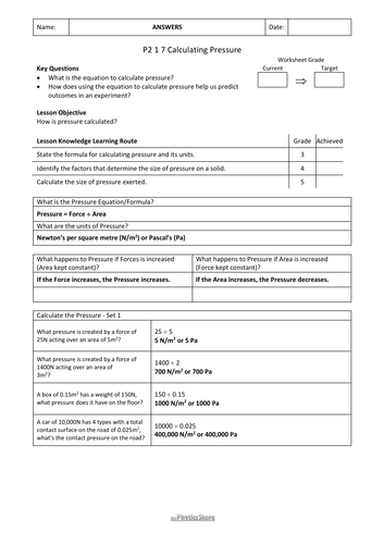 KS3 Physics AQA P2 1 7 Calculating Pressure Lesson Bundle | Teaching ...