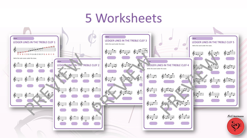 Reading Ledger Line Notes in the Treble Clef - 14 Worksheets | Teaching ...