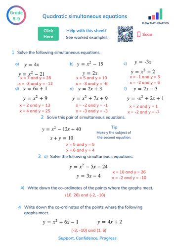 Quadratic simultaneous equations for GCSE | Teaching Resources