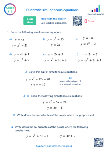 Quadratic simultaneous equations for GCSE | Teaching Resources