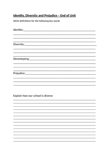 Identity Stereotyping Prejudice Diversity Unit | Teaching Resources