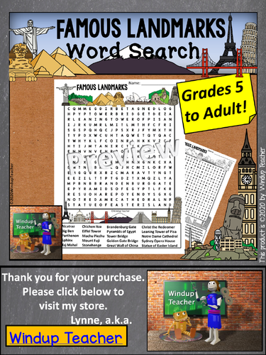 Famous Landmarks Word Search - Hard for Grades 5 to Adult | Teaching ...