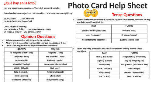 GCSE Spanish Speaking Photo Card Help Sheet | Teaching Resources