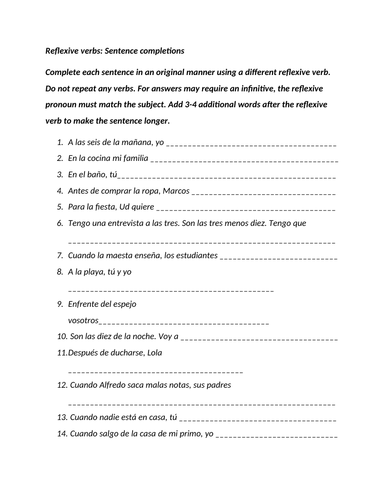 Reflexive verbs sentence completions | Teaching Resources