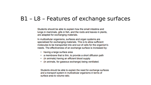 GCSE AQA Science Biology 4.1 L8 Features of exchange surfaces ...