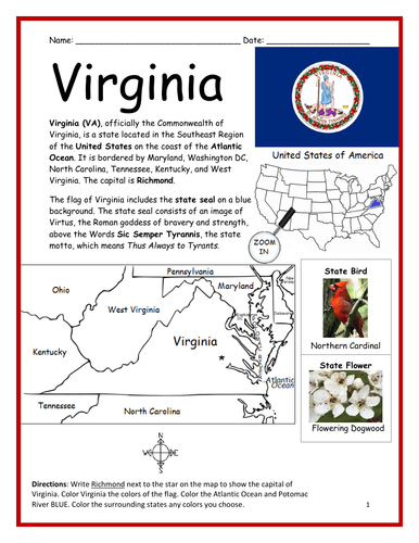 VIRGINIA - Introductory Geography Worksheet | Teaching Resources