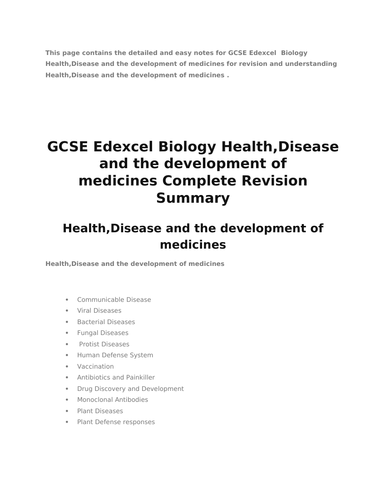 GCSE Edexcel Biology Health,Disease and the development of medicines ...