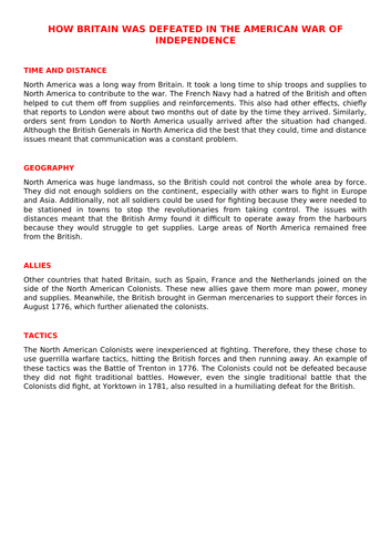 AQA 9-1 American War of Independence (Migration L21) | Teaching Resources