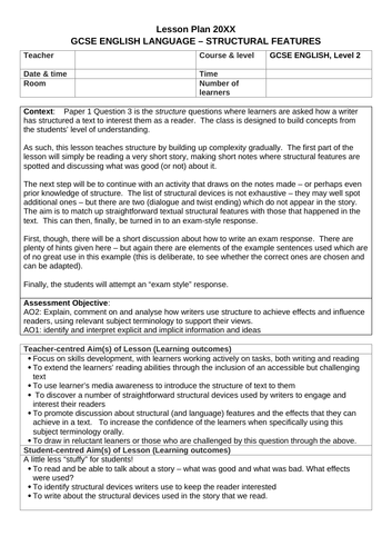 Approaching GCSE English Paper 1 Question 3 - STRUCTURE | Teaching ...