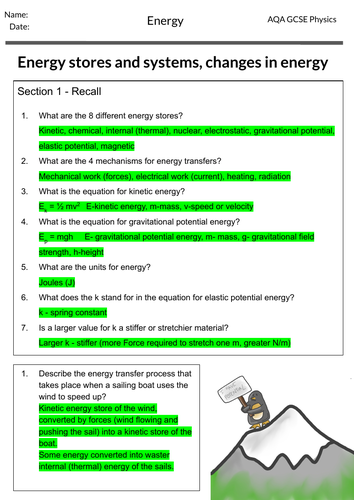 GCSE AQA - Physics - Energy systems and stores, energy changes workbook ...