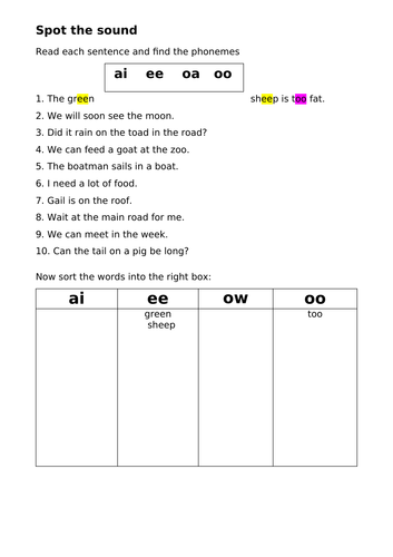 soundspot sentences ai/ee/oa/oo | Teaching Resources