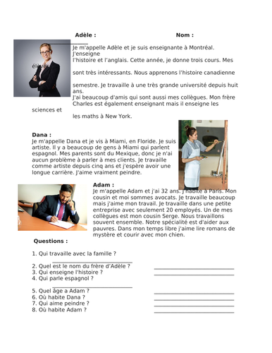 French Professions Reading: Les professions Lecture (depuis) | Teaching ...