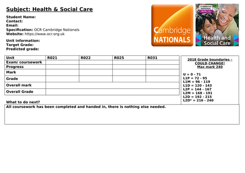 Health & Social OCR Cambridge Nationals Smith Proforma/ Student ...