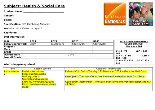 Health & Social OCR Cambridge Nationals Smith Proforma/ Student ...