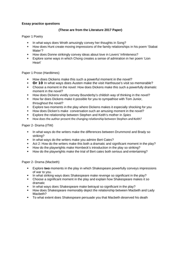IGCSE Literature in English -Essay questions | Teaching Resources