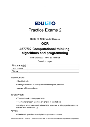 PRACTICE EXAM 2 FOR PAPER 2 - GCSE COMPUTER SCIENCE OCR J277 | Teaching ...