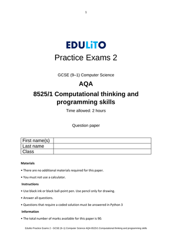 Practice Exam 2 For Paper 1 Gcse Computer Science Aqa 8525 Teaching Resources