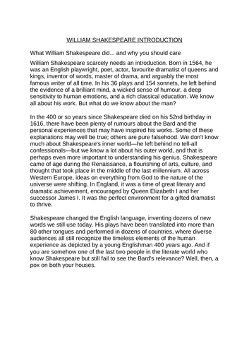 Introduction to Shakespeare | Teaching Resources