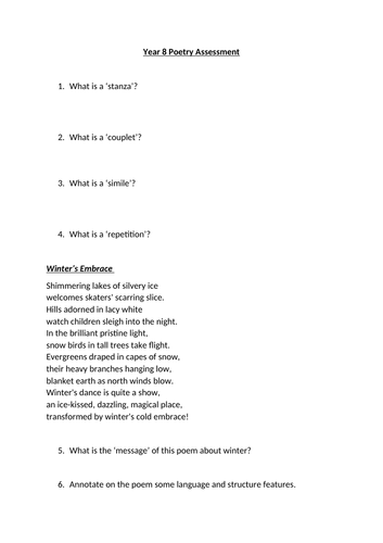 KS3 English Winter Assessment (Poetry and Descriptive Writing ...