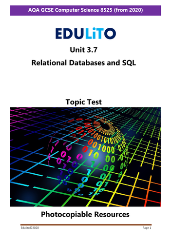 Topic Test Unit 37 Relational Databases And Sql Aqa Gcse Computer Science 8525 Teaching 9486
