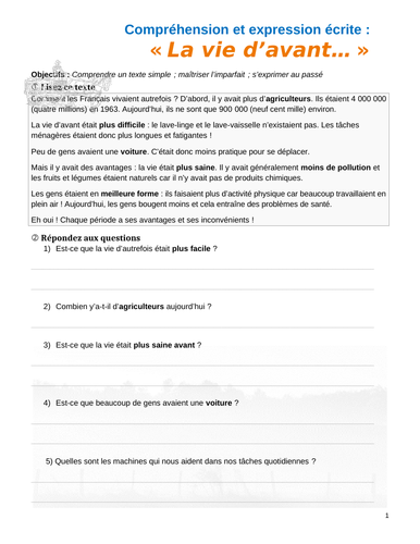 French comprehension & expression: "La vie d'avant" (life before) - a ...