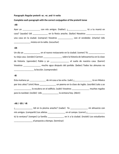 Preterit regular verbs paragraph | Teaching Resources